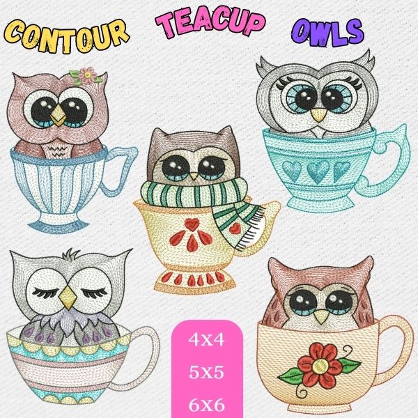 EW357 Contour Teacup Owls – Embroidery Weekly