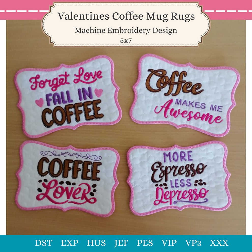 Valentines Coffee Mug Rug – Machine Embroidery Design | EmbWeekly
